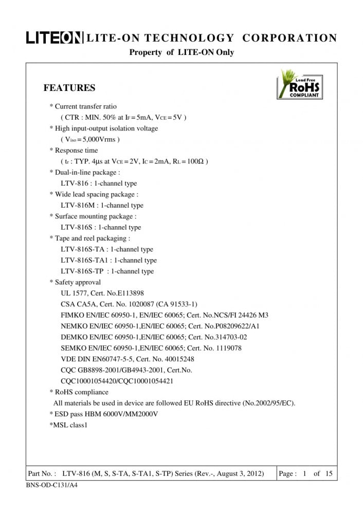 LTV-816 datasheet page 1