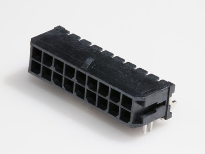 Micro-Fit 3.0 Right-Angle Header, 3.00mm Pitch, Dual Row, 18 Circuits, with PCB Press-fit Metal Retention Clip, 0.76µm Gold Plating, Glow-Wire Capable, Black,  Tape and Reel for sale