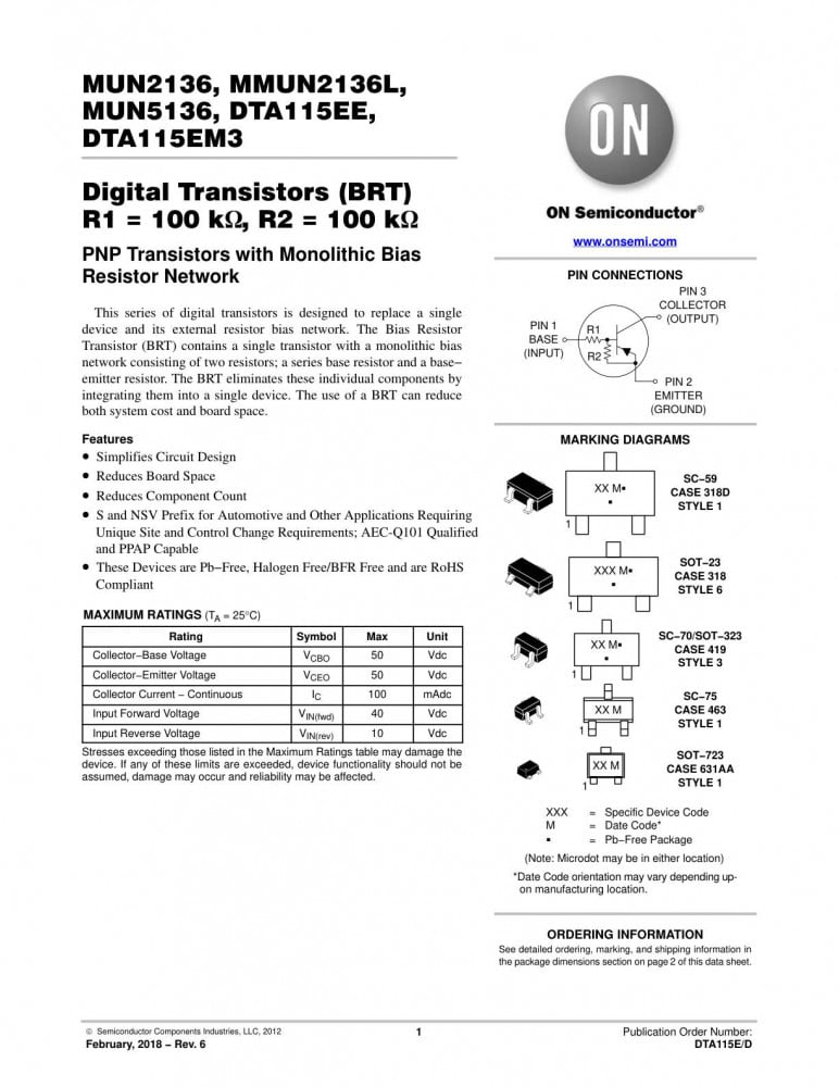 MUN5136T1G datasheet page 1