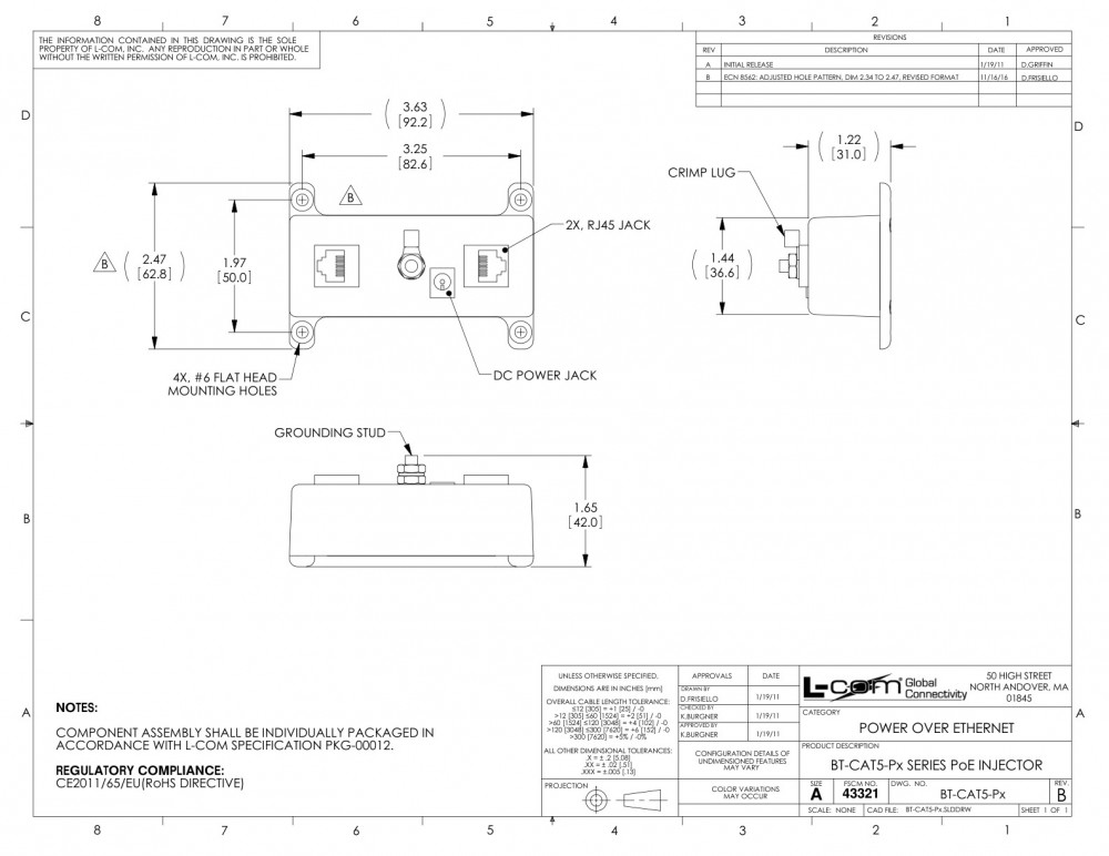 L-com BT-CAT5-Px Series PoE Injector drawing