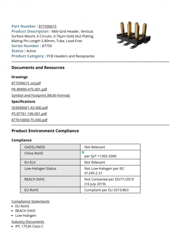 Technical document page 1 for Molex 877590615