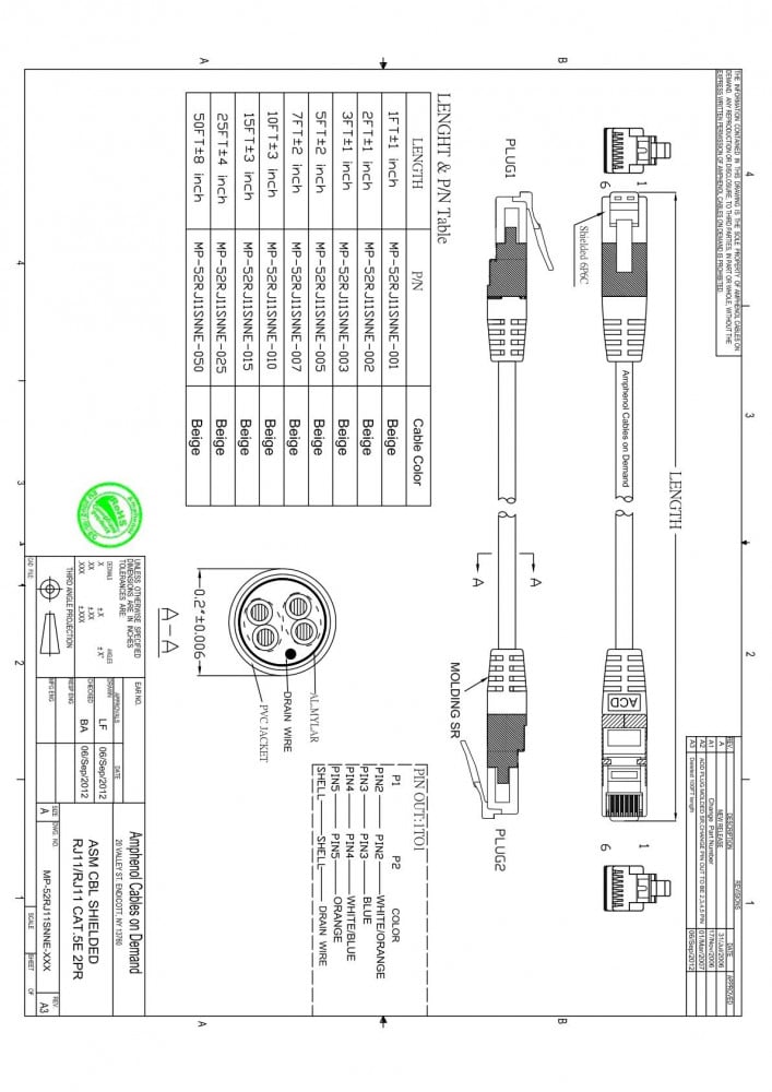 Amphenol MP-52RJ11SNNE-100 technical document page