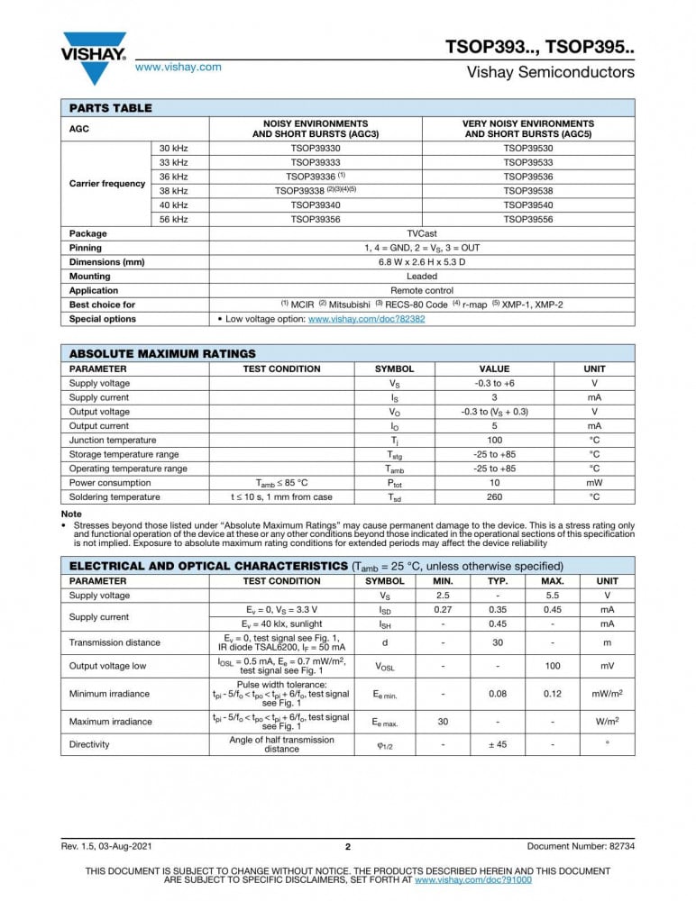 TSOP39338TR datasheet page 2