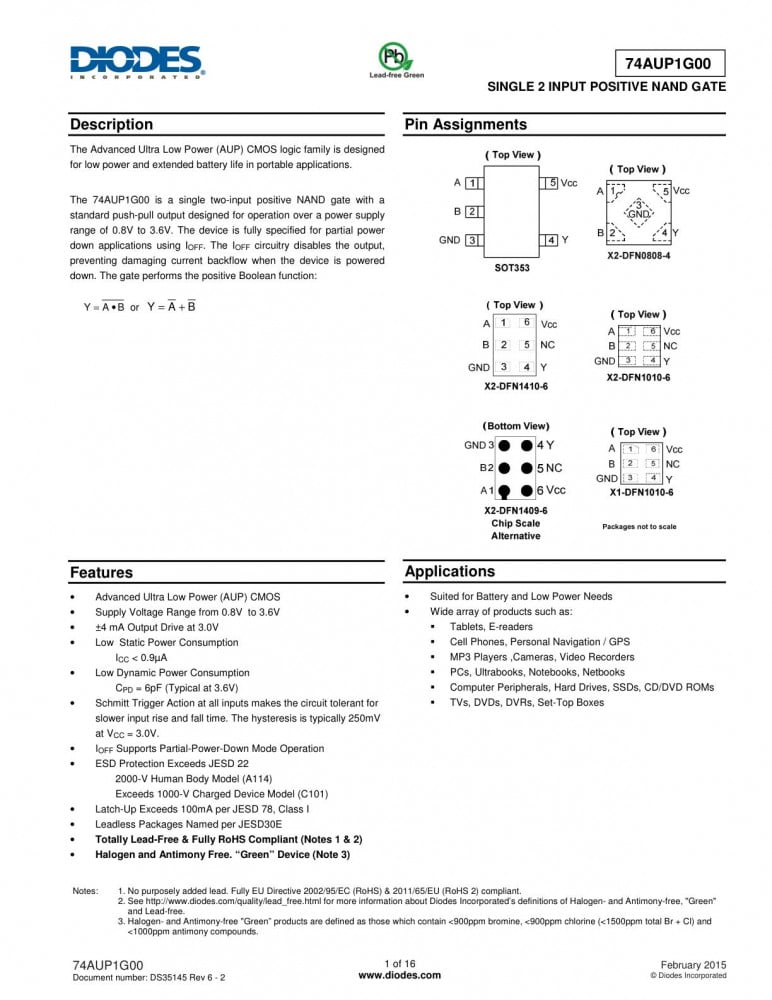 74AUP1G00SE-7 datasheet page 1