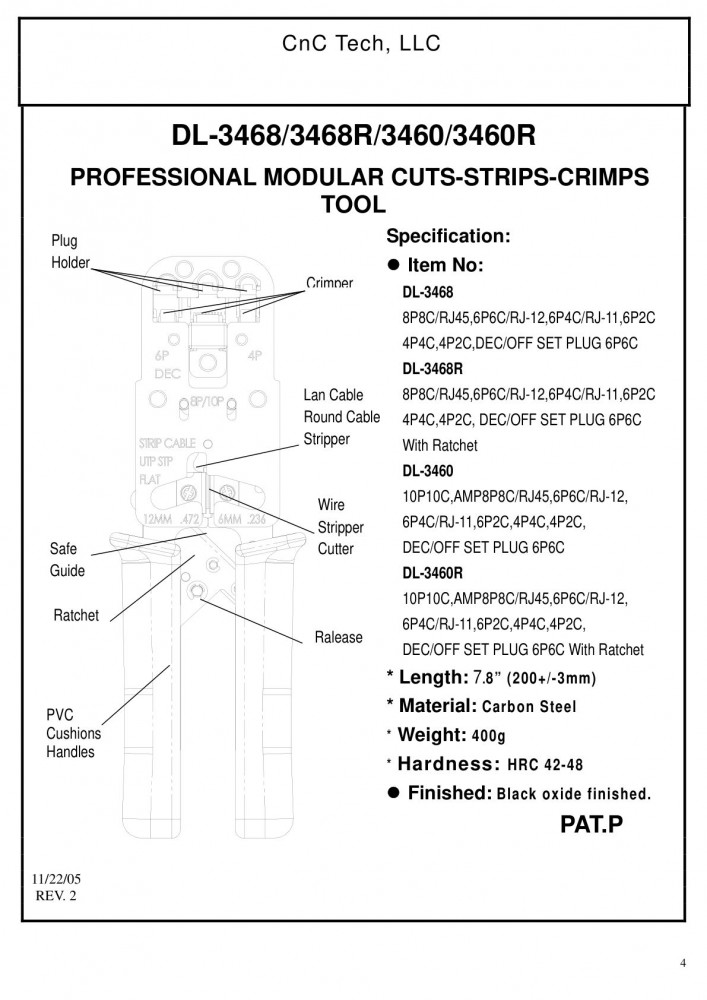 CNC Tech DL-3460R modular crimping tool specification sheet