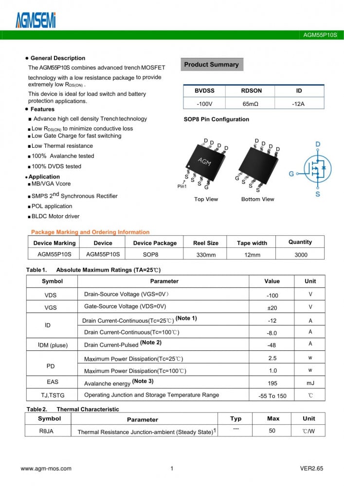 AGM55P10S datasheet page 1