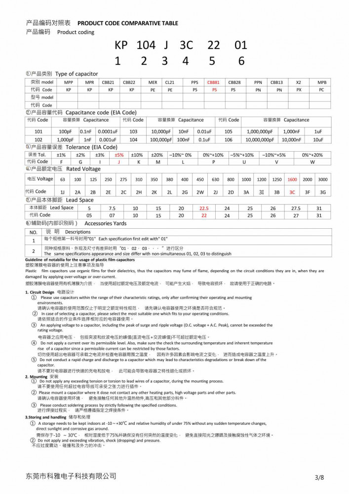 KYET KP104J3C2201 construction and marking page