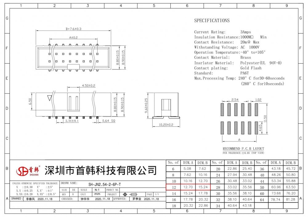 SH-JN2.54-2-6P-T technical drawing preview