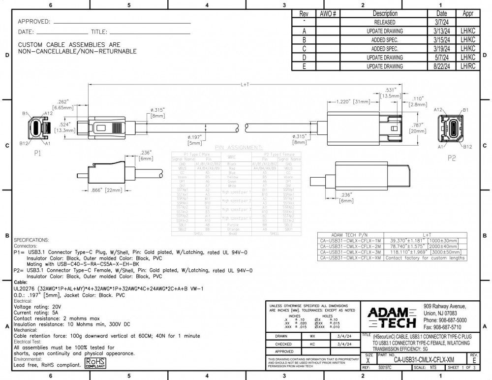 ADAM TECH USB Type-C cable assembly drawing, page 1