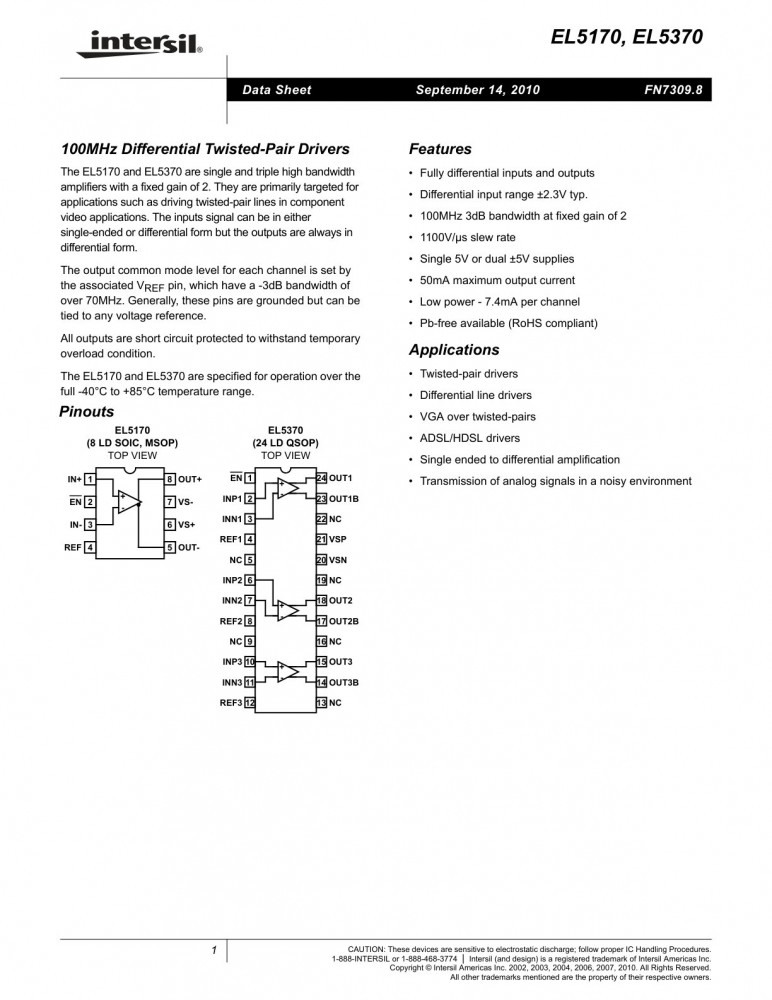 EL5170IY technical document page 1