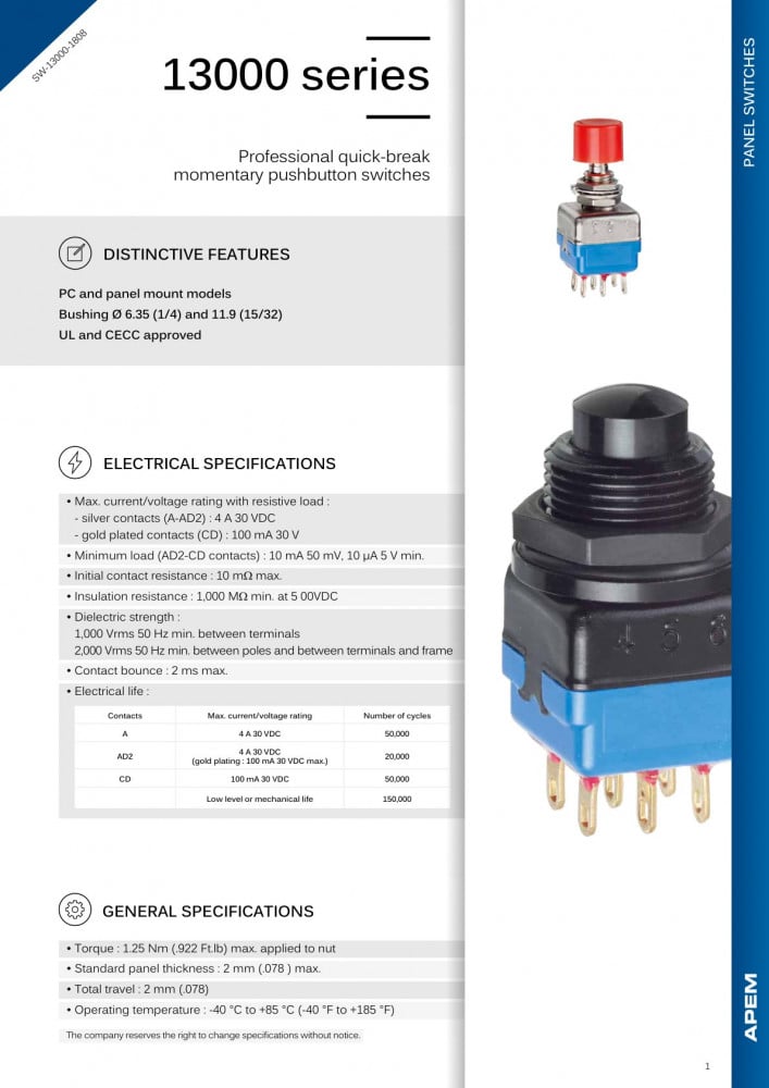 APEM 13000 series technical document page 1