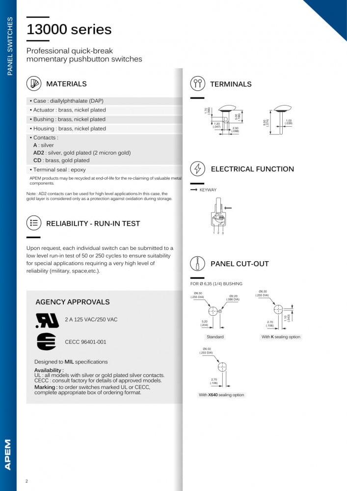 APEM 13000 series technical document page 2