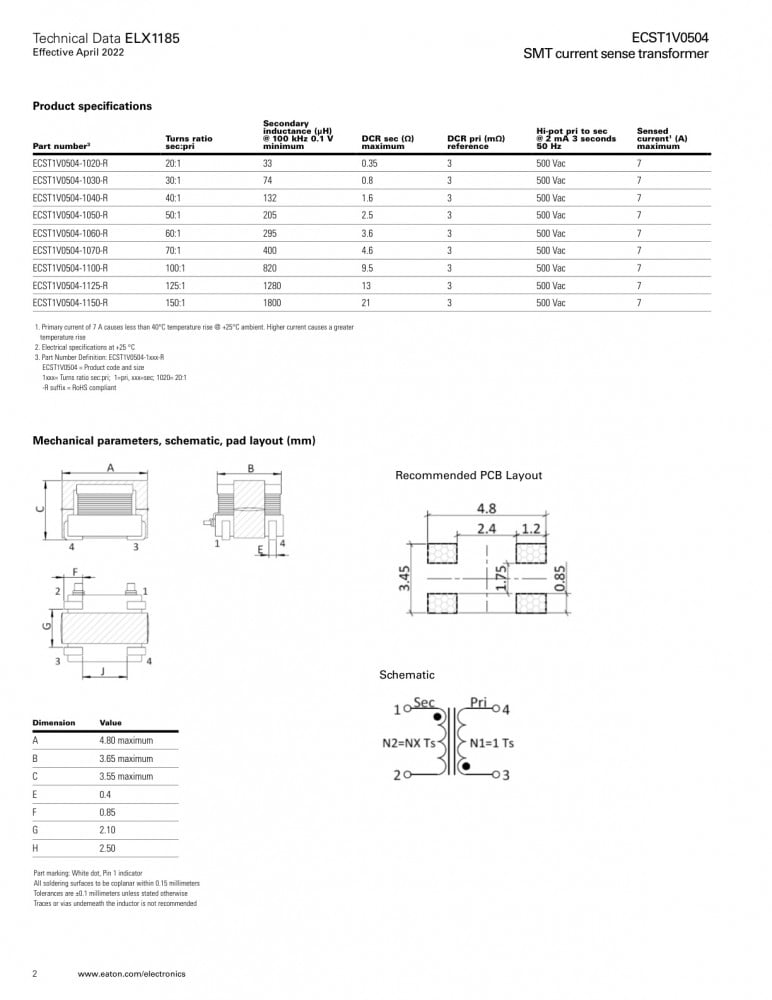 EATON current transformer datasheet page 2