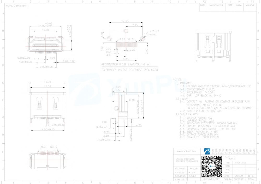 XUNPU HDMI-212L HDMI-A manufacturing drawing