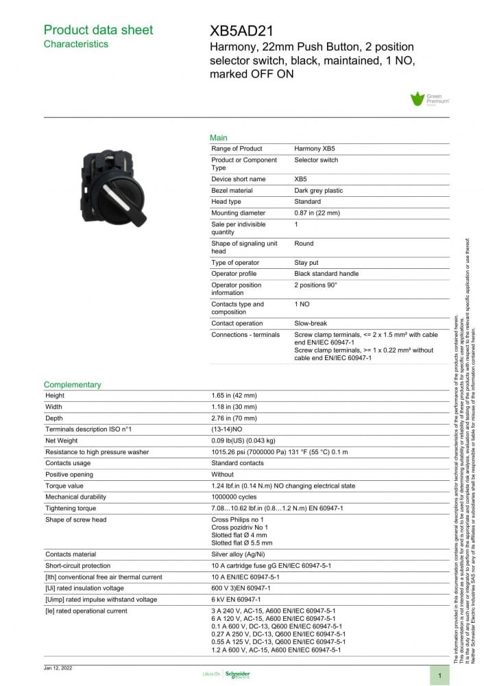 XB5AD21 technical document page 1