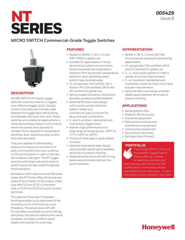Honeywell NT Series document page 1