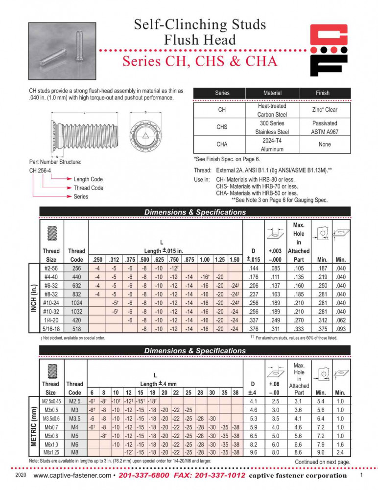 Captive Fastener CH, CHS and CHA flush-head self-clinching stud documentation, page 1