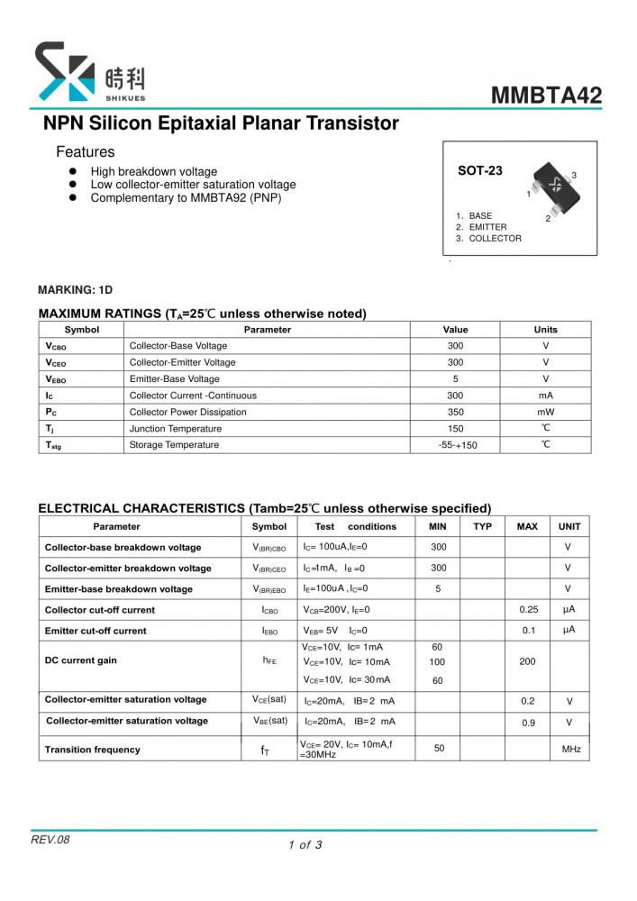 MMBTA42 datasheet page 1