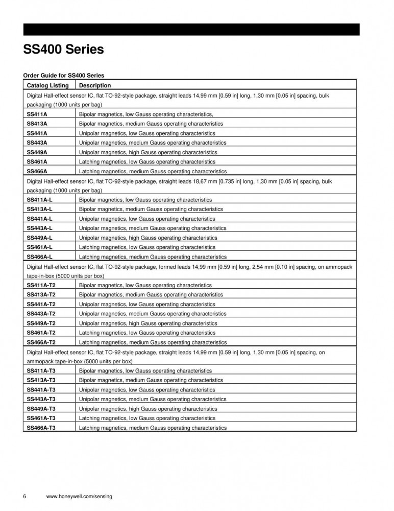 Honeywell SS400 Series datasheet page 6