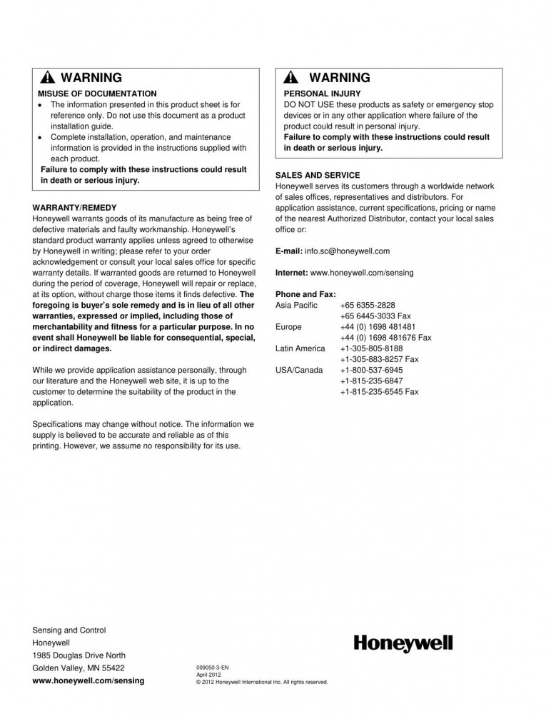 Honeywell SS400 Series datasheet page 7