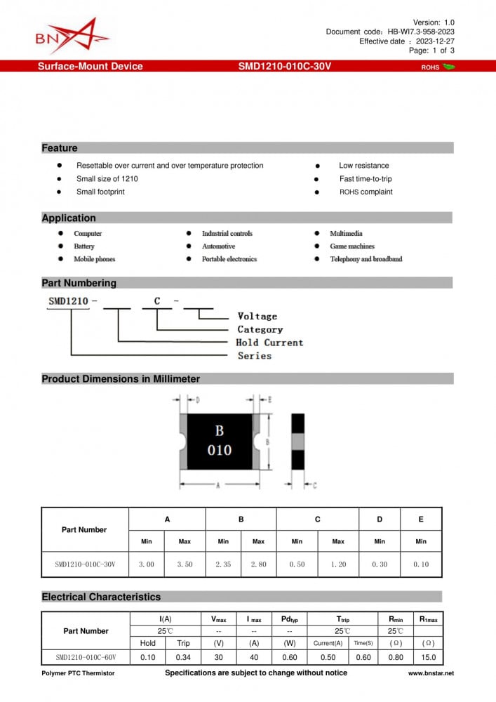 BNstar SMD1210-010C-30V datasheet page 1