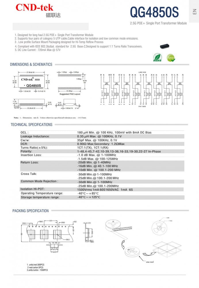 QG4850S datasheet page with dimensions and schematics