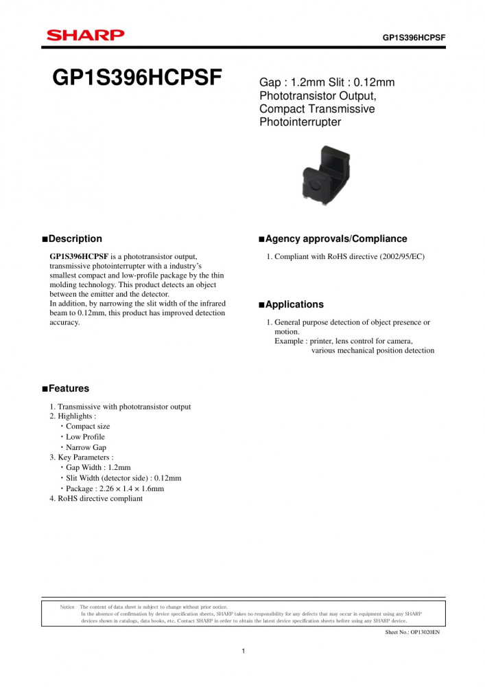 GP1S396HCPSF technical document page 1