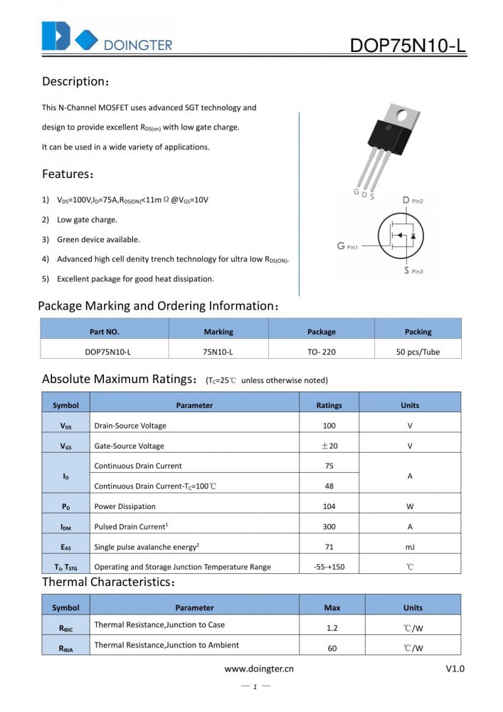 DOP75N10-L datasheet page 1
