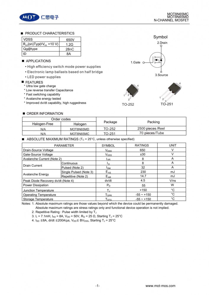 MOT8N65MD datasheet page 1