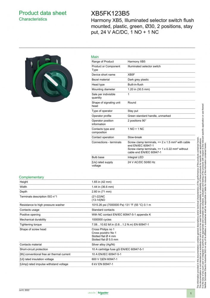 XB5FK123B5 technical document page 1