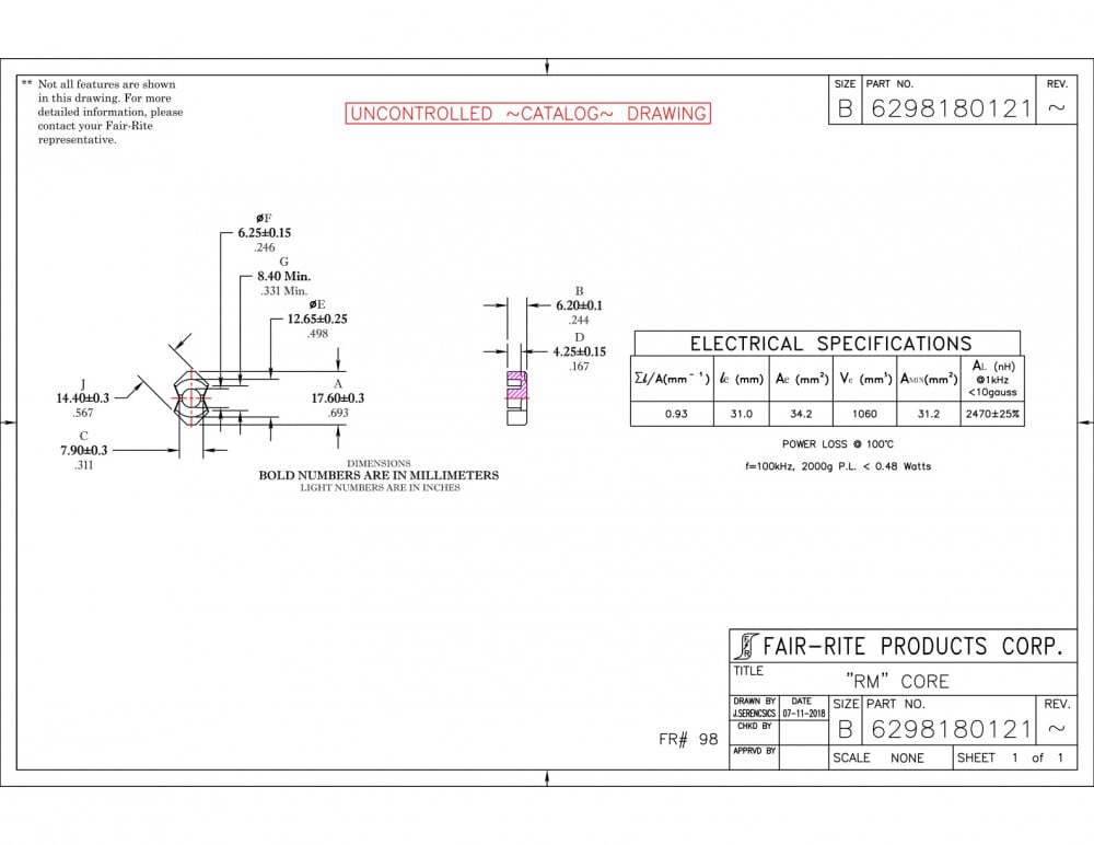 Fair-Rite 6298180121 RM core drawing preview
