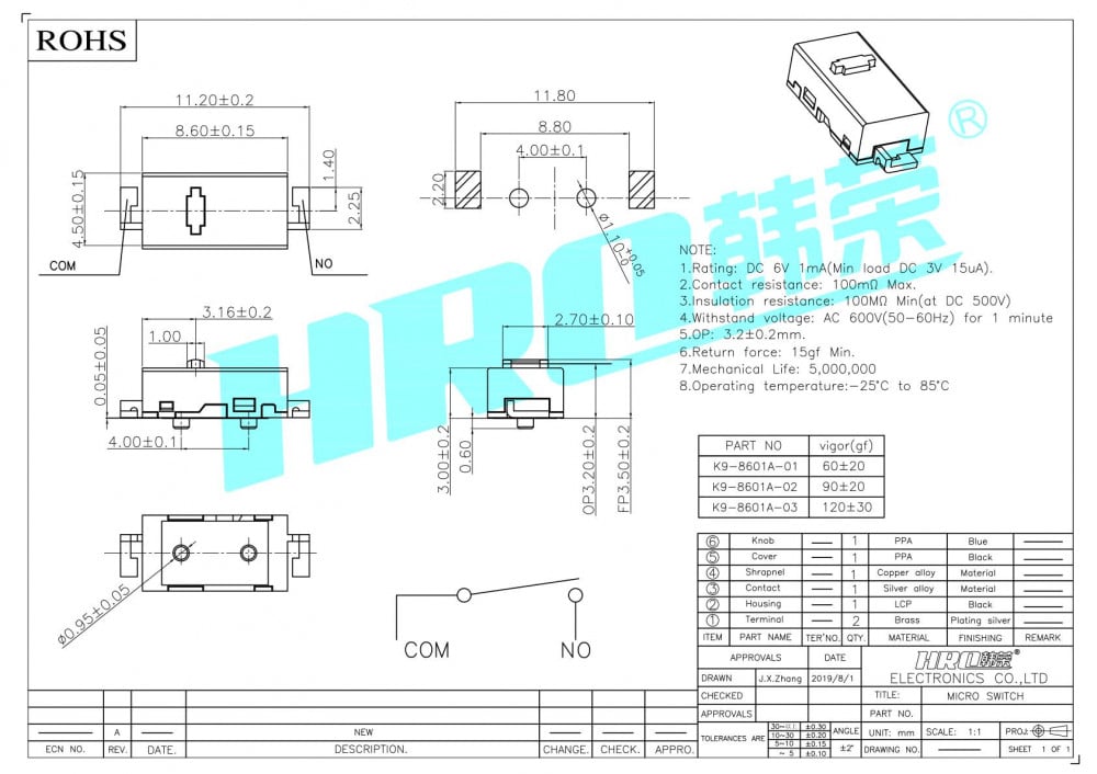 K9-8601A-03 micro switch technical drawing