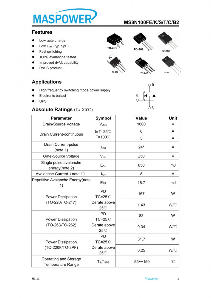 MS8N100FE datasheet page 1