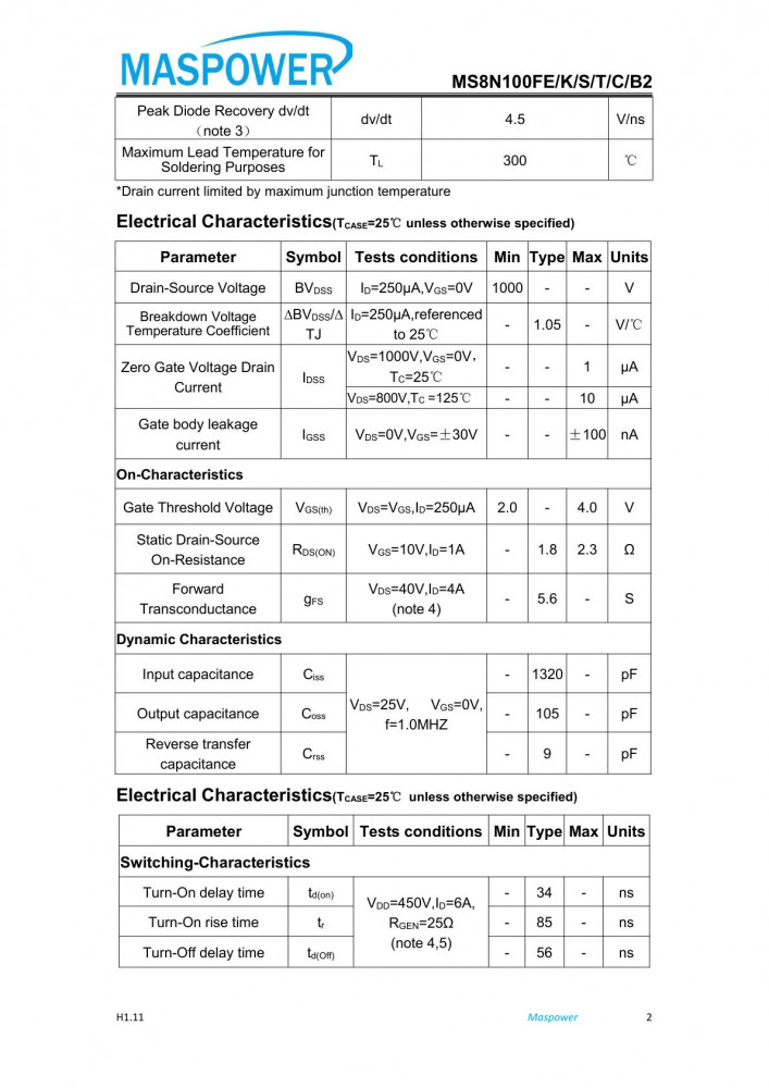 MS8N100FE datasheet page 2