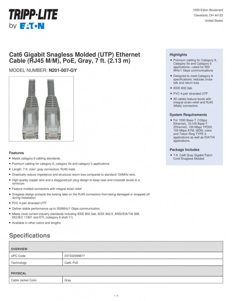 N201-007-GY technical document page 1