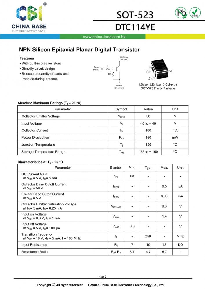 DTC114YE datasheet page 1