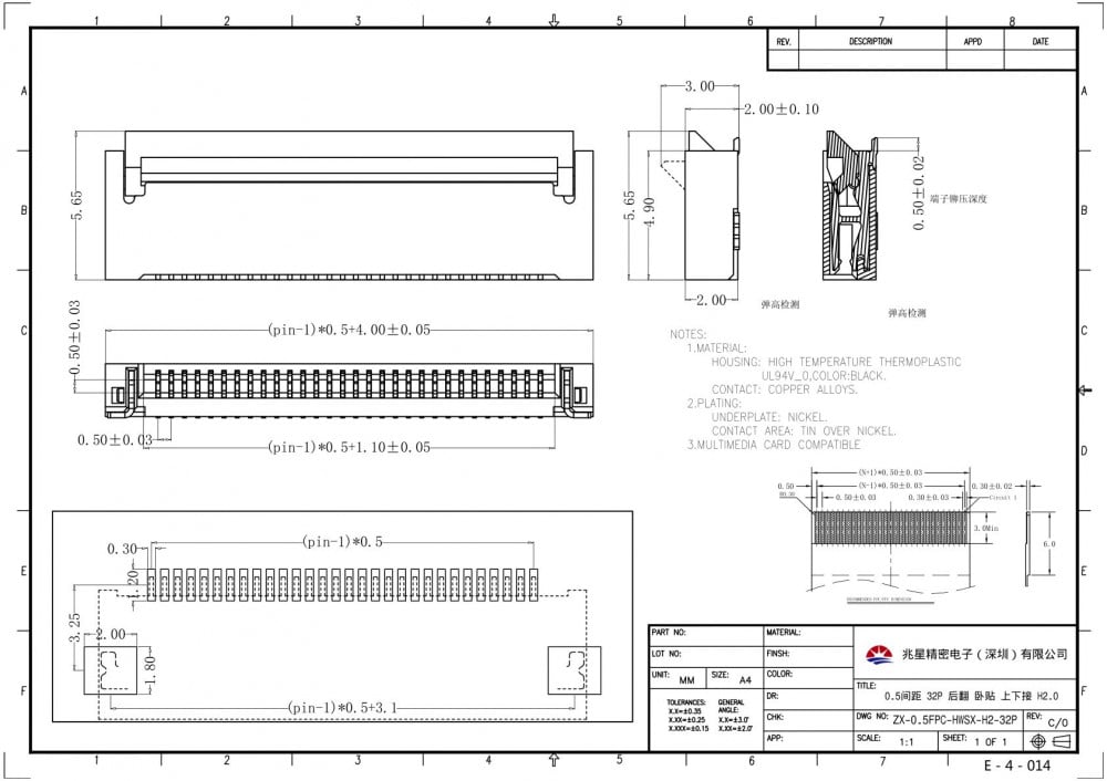 Megastar ZX-0.5FPC-HWSX-H2-32P technical drawing