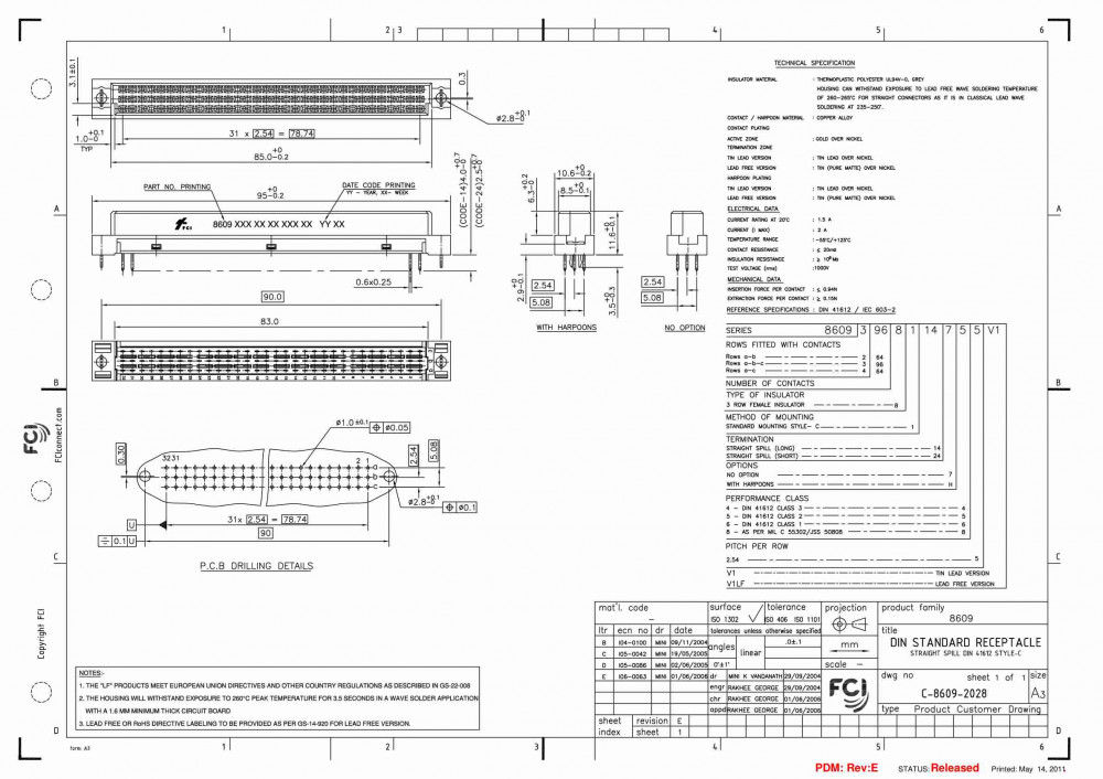 Amphenol 8609 series DIN 41612 Style-C receptacle drawing