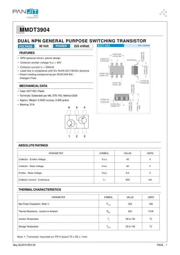 PANJIT MMDT3904 datasheet page 1
