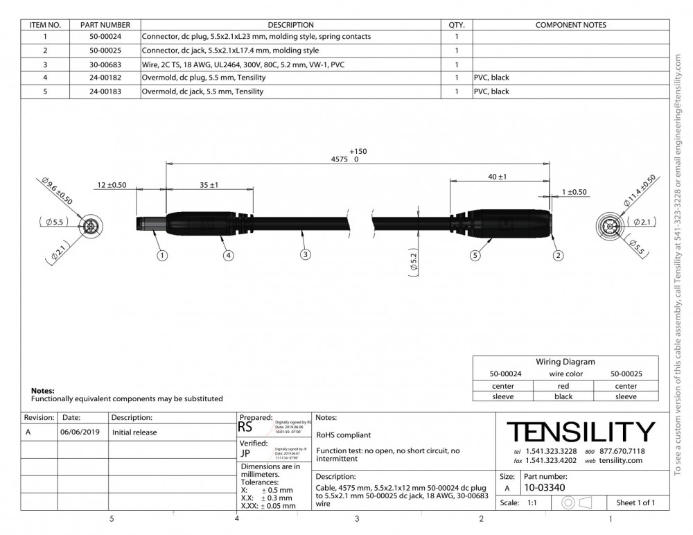 Tensility International 10-03340 cable assembly drawing