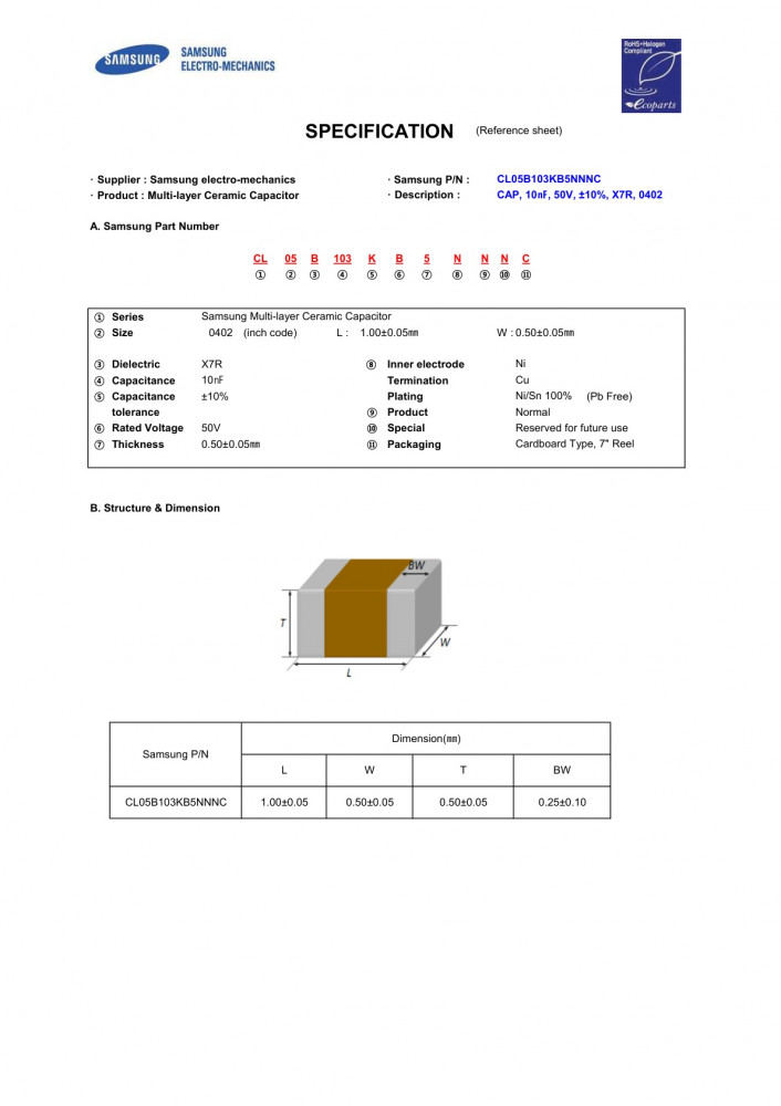 CL05B103KB5NNNC specification document, page 1