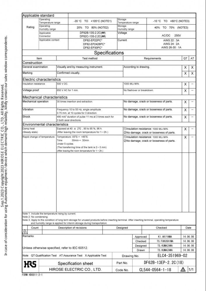 HRS DF62B-13EP-2.2C(18) specification sheet preview