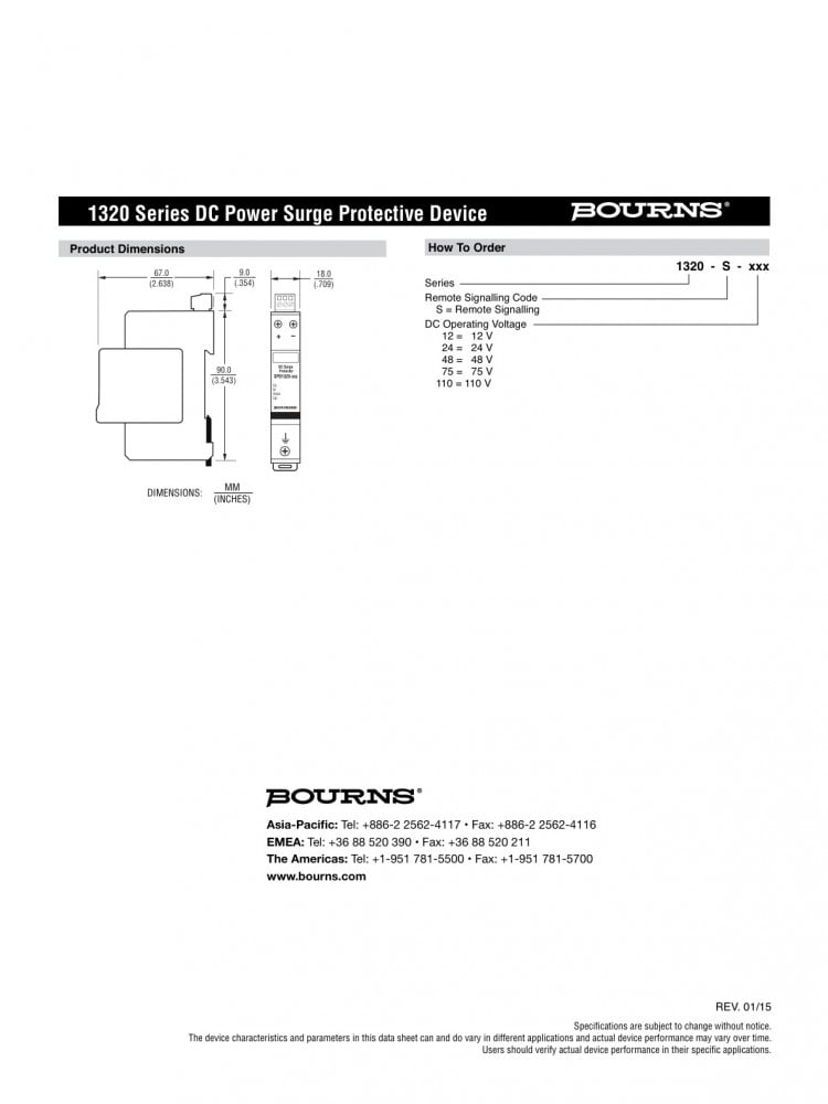 BOURNS 1320 Series product dimensions and ordering information