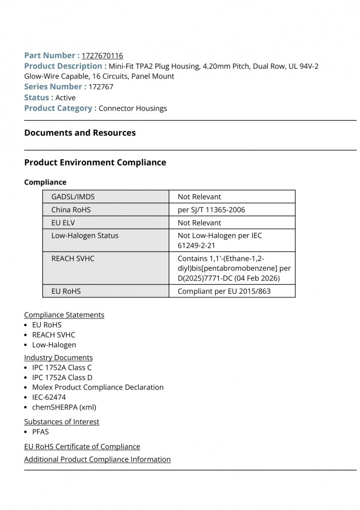 MOLEX 1727670116 technical document page 1