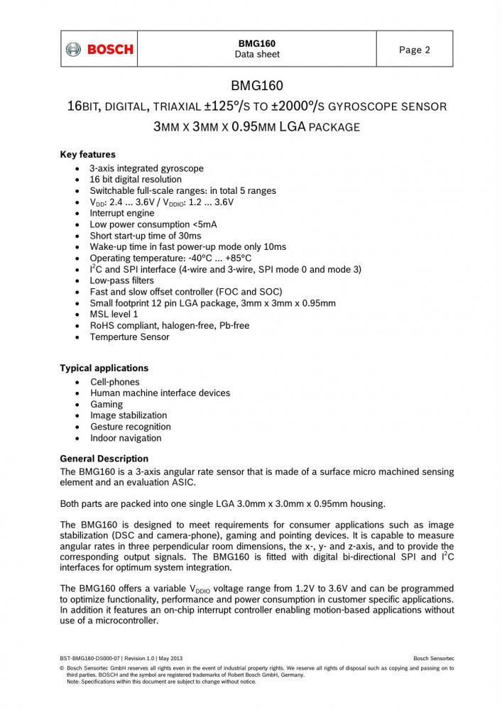 BMG160 datasheet page 2