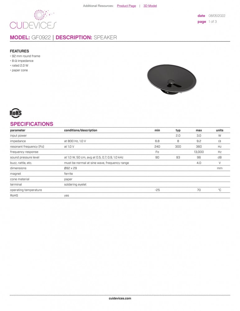 CUI GF0922 datasheet page 1