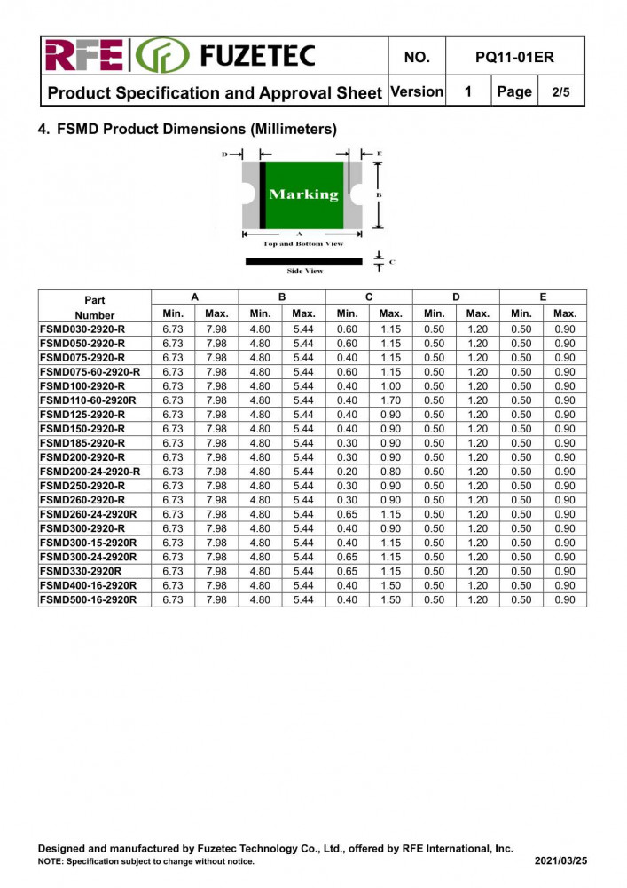 FUZETEC FSMD2920 specification sheet page 2