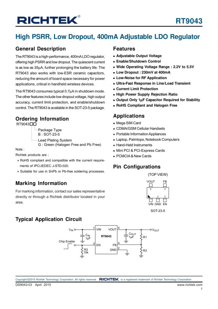RT9043GB technical document page 1