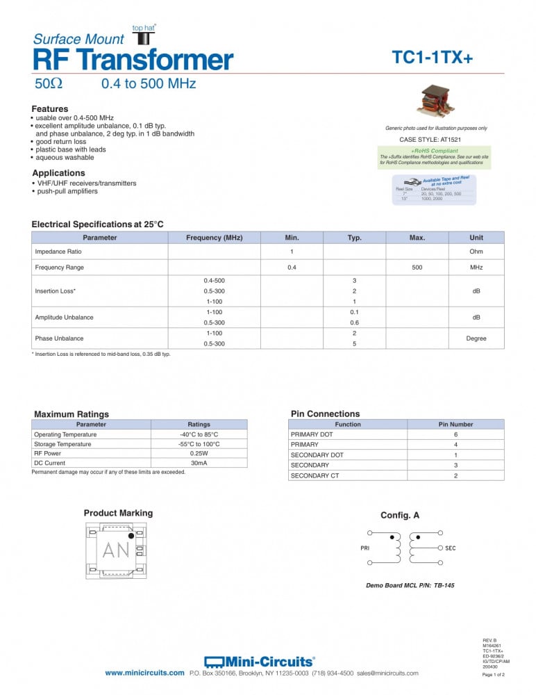 TC1-1TX+ datasheet page 1