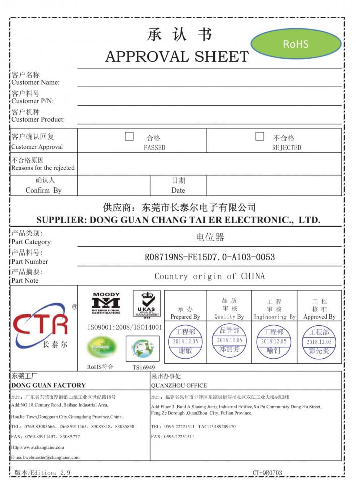 CTR R08719NS approval sheet page 1